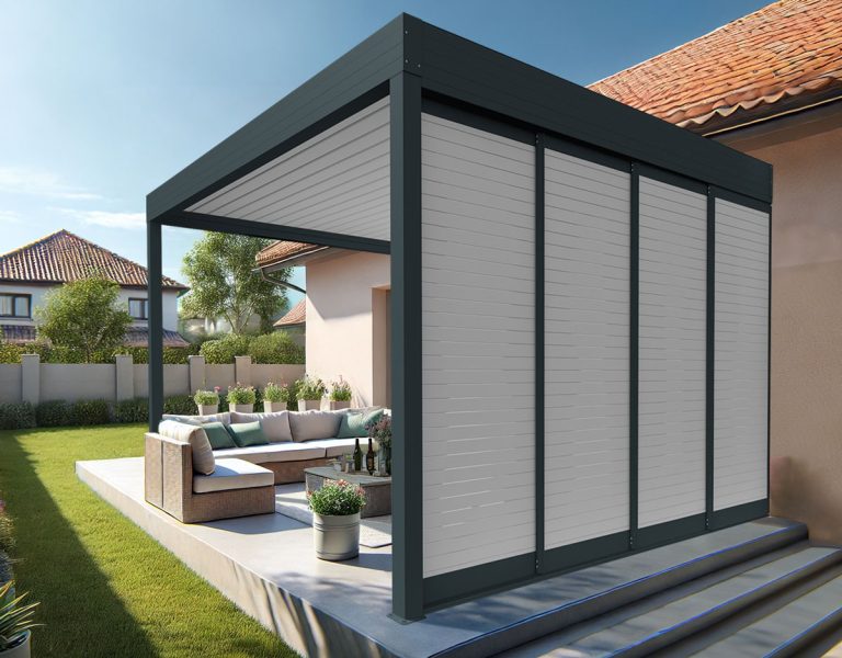 Sliding slat curtain for pergola